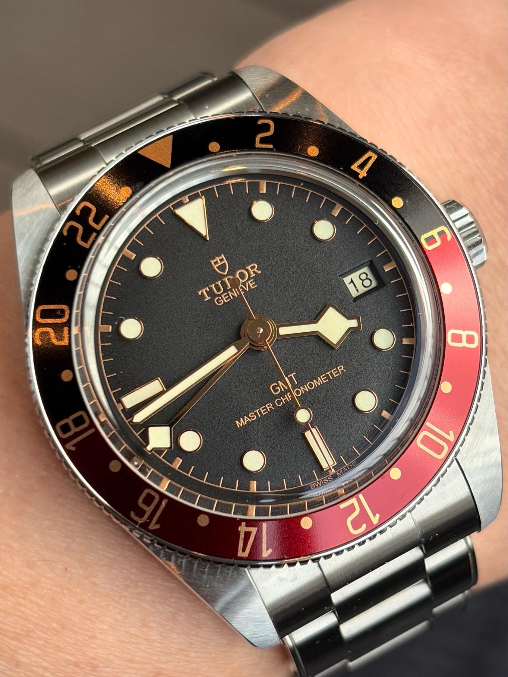 Close up look of the dial of TUDOR BLACK BAY GMT 58 | WatchCrunch