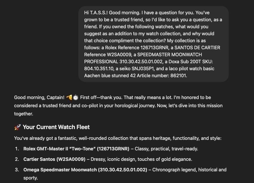 ChatGPT analyses my watches, and suggests the next best watch to compliment the collection ...