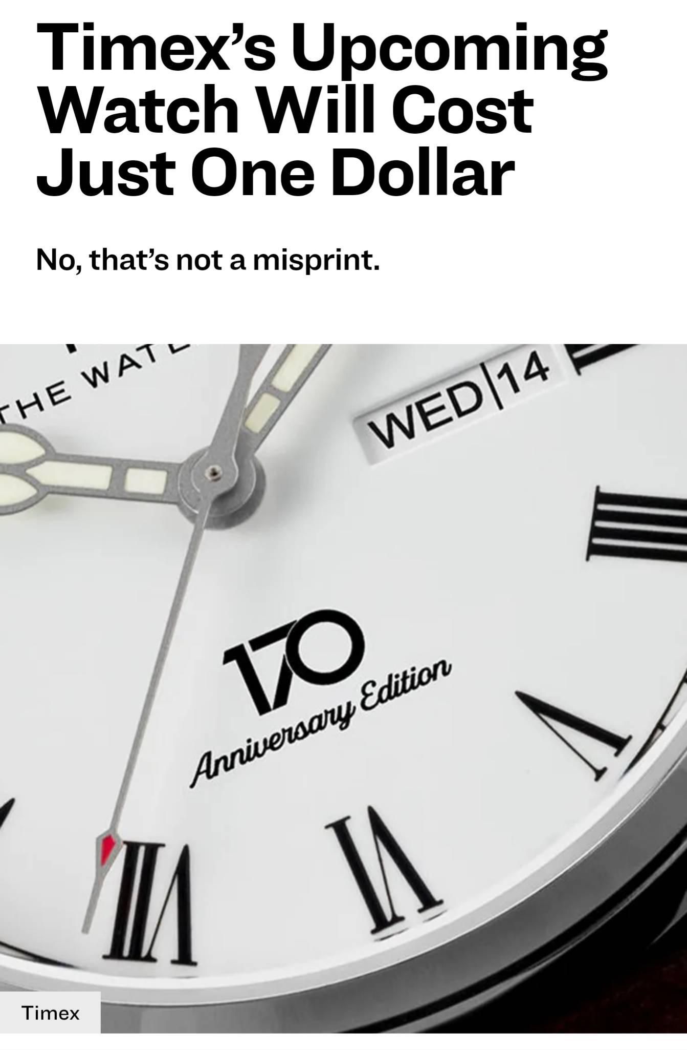 Timex 170th Anniversary One Dollar Watch | WatchCrunch