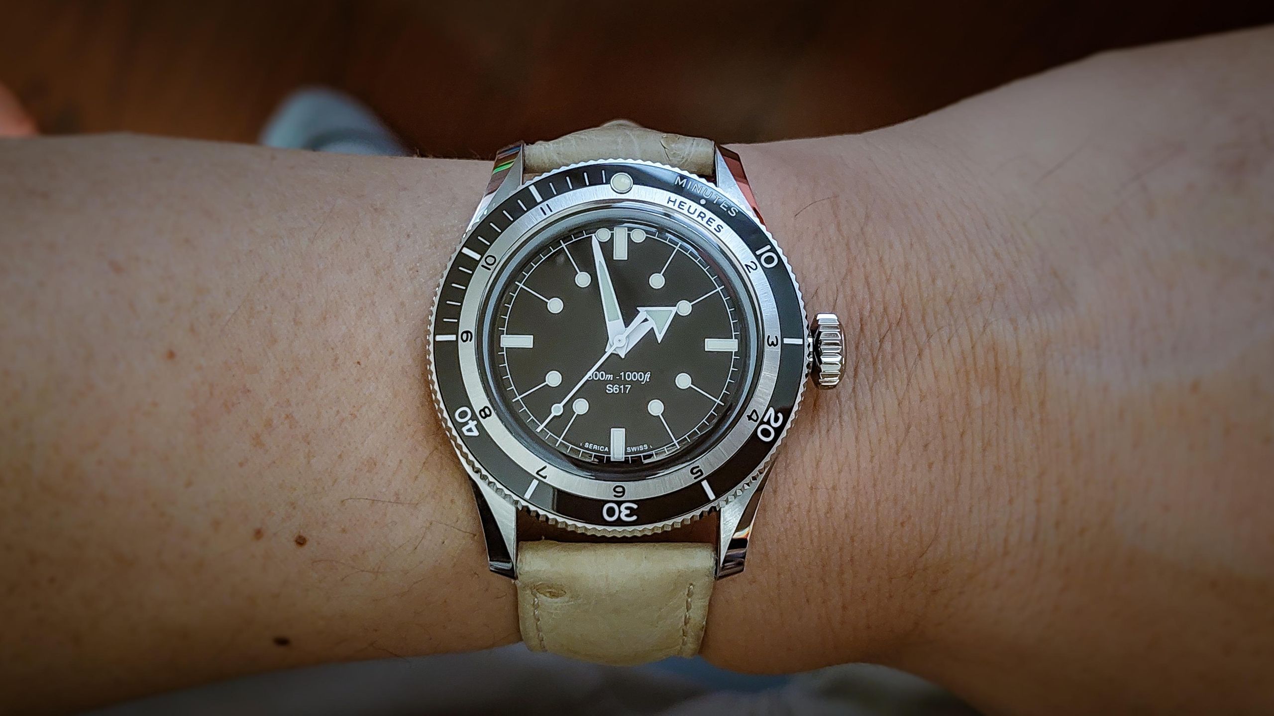 Serica 5303 on Bone White Ostrich Leather Strap | WatchCrunch