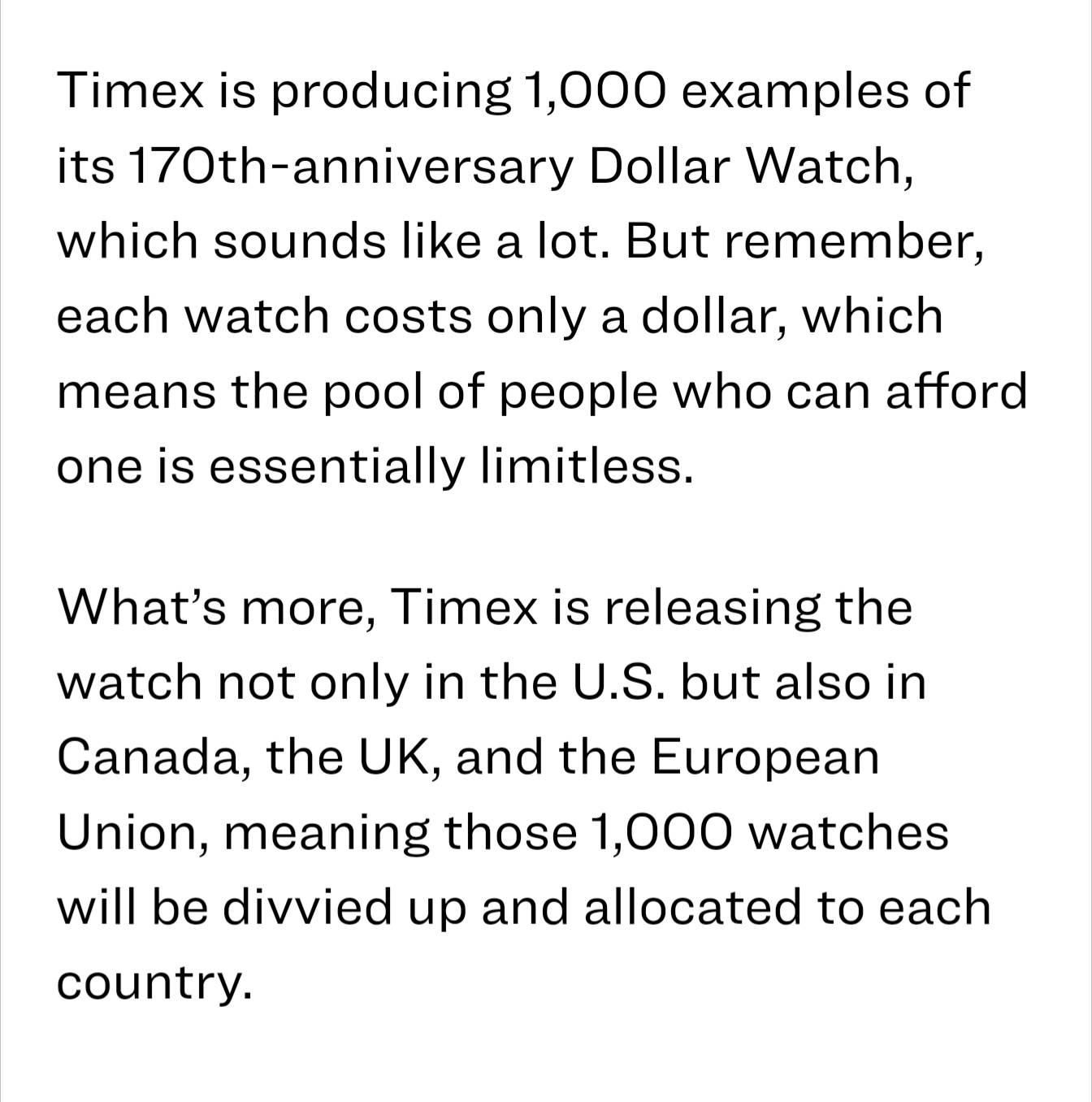 Timex 170th Anniversary One Dollar Watch | WatchCrunch