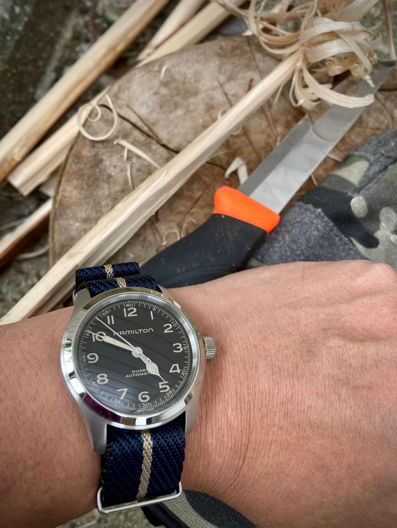 The Hamilton Murph sporting a black blue NATO strap | WatchCrunch