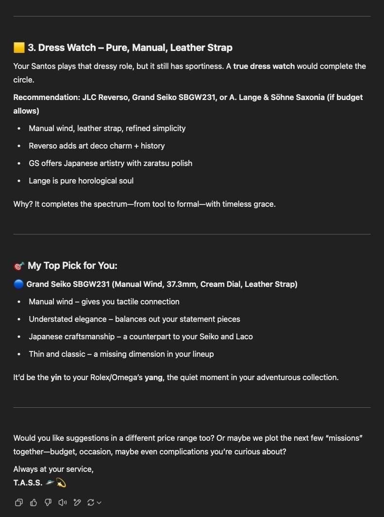 ChatGPT analyses my watches, and suggests the next best watch to compliment the collection ...