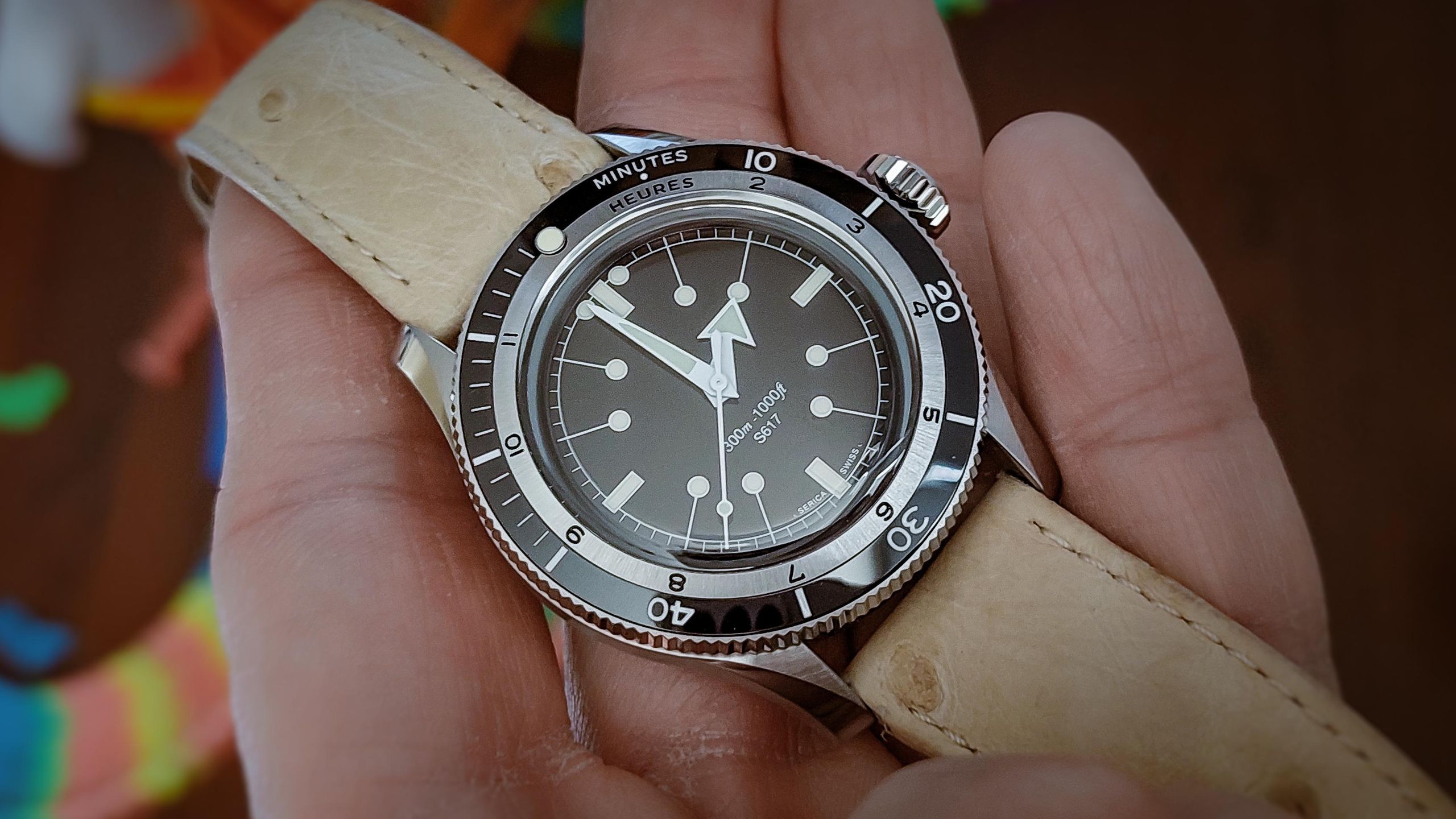 Serica 5303 on Bone White Ostrich Leather Strap | WatchCrunch